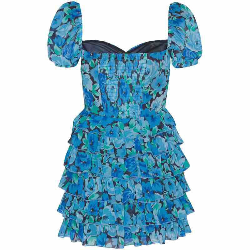 Rotate Birger Christensen chiffon mini ruffle dress Ibiza blue. Kort ...